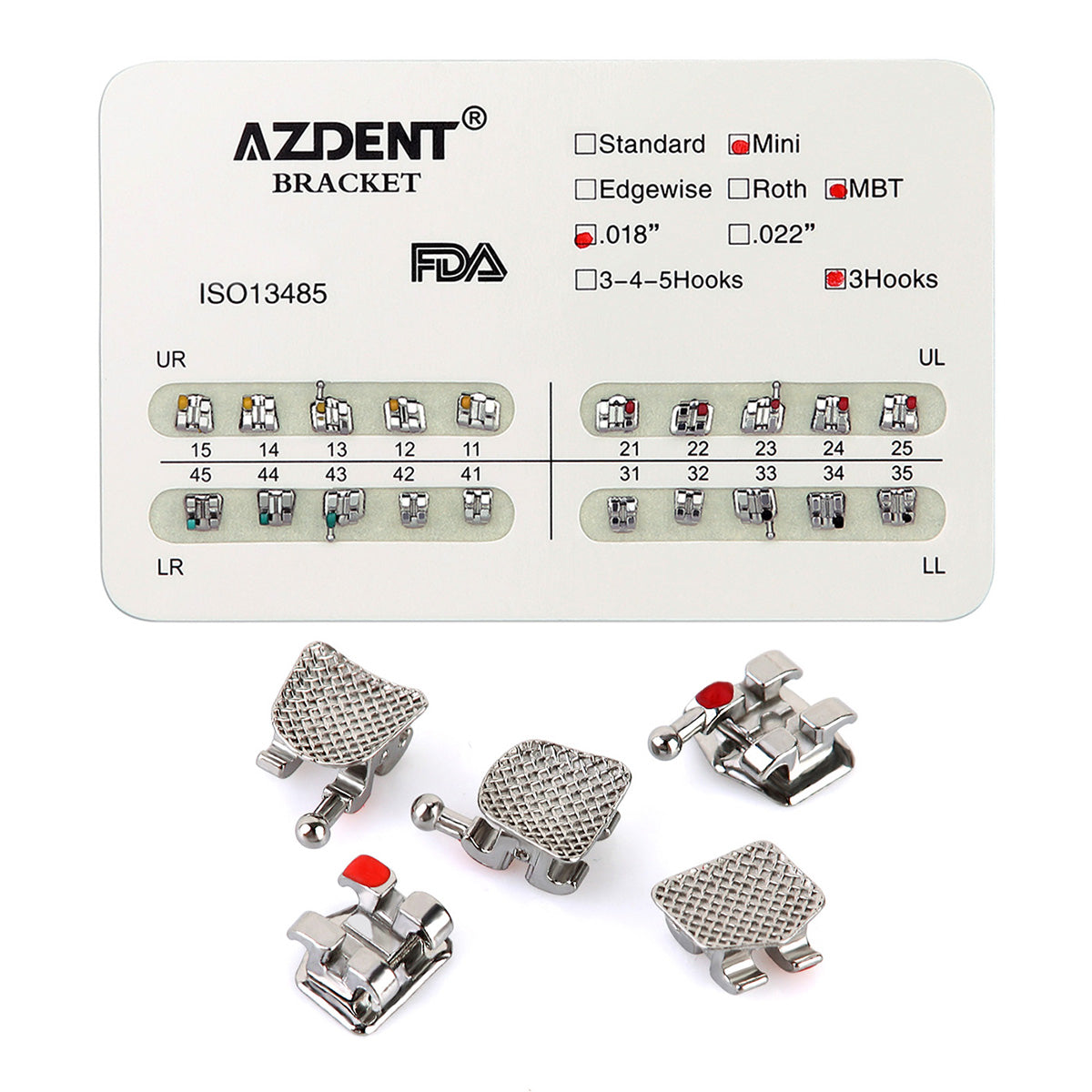 AZDENT Dental Mini Metal Brackets MBT Slot .018 Hooks on 3 20pcs/Pk