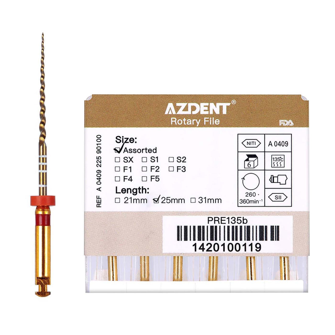 AZDENT Dental Rotary NiTi Files 25mm Assorted SX-F3 Gold Taper 6pcs/Pk