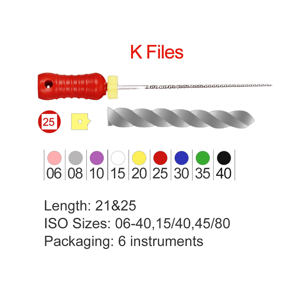 AZDENT Dental Hand K-Files Stainless Steel 25mm #15-80 6p/Pk 9 Color